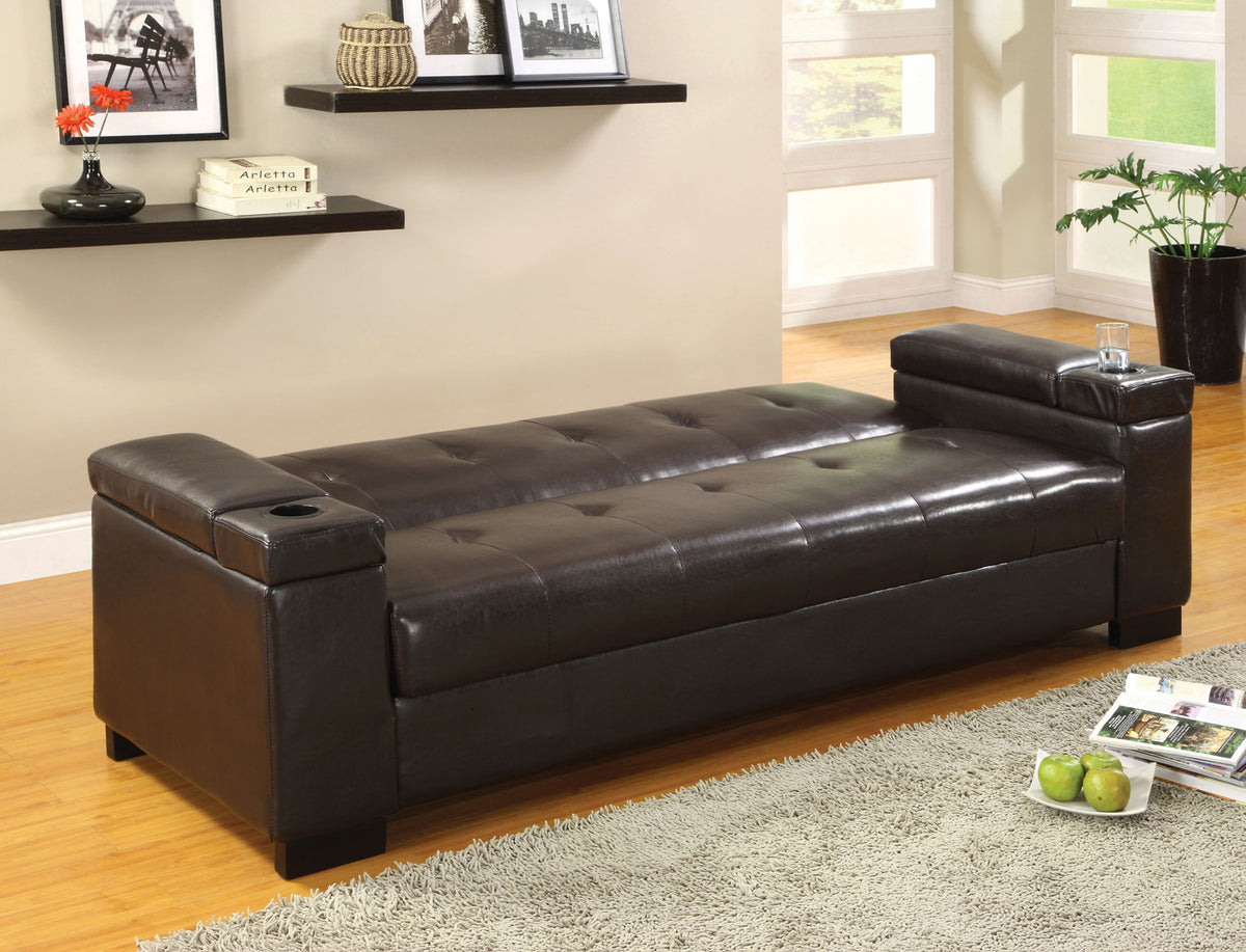 Addy Contemporary Faux Leather Futon with Cup Holders Belle Flame